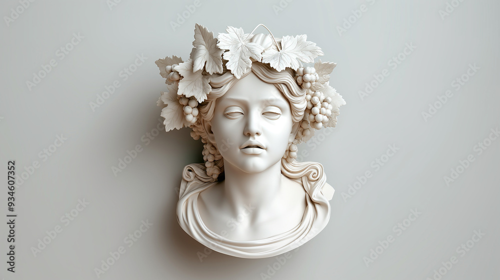 Antique roman greek white marble gypsum bust of woman with grape leaves ...
