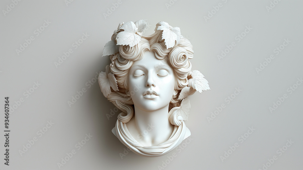 Antique roman greek white marble gypsum bust of woman with grape leaves ...