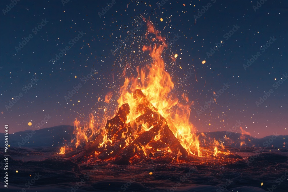 A campfire with flickering flames and floating dust particles against a ...