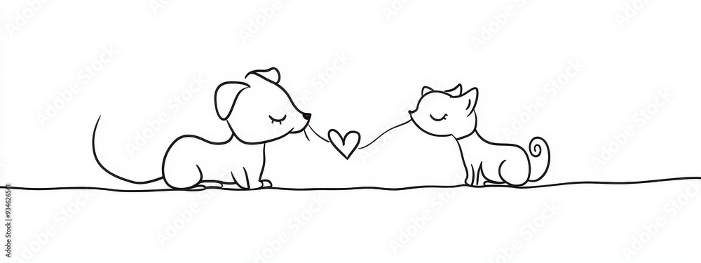 Dog cat line pet animal art continuous outline illustration drawing ...