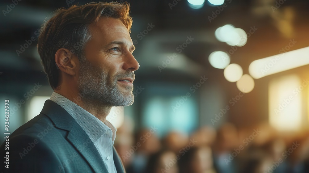 Business leadership with an executive addressing a team in a modern ...