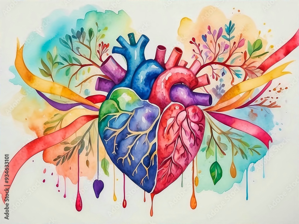 Human heart and brain connected by flowing colorful ribbons, mental ...