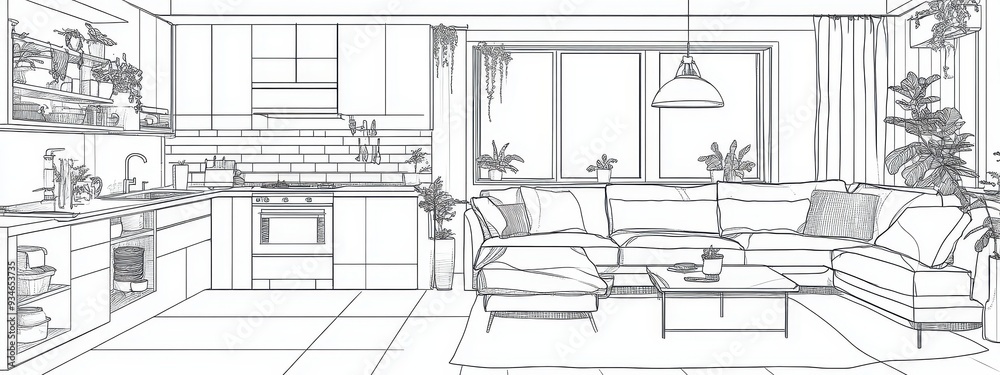 Line interior home art room design illustration outline sketch ...