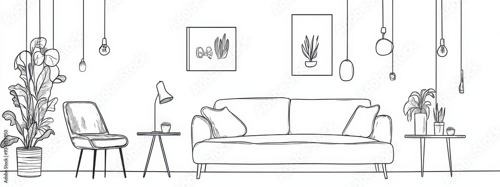Line interior home art room design illustration outline sketch ...