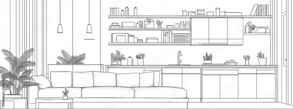 Line interior home art room design illustration outline sketch ...