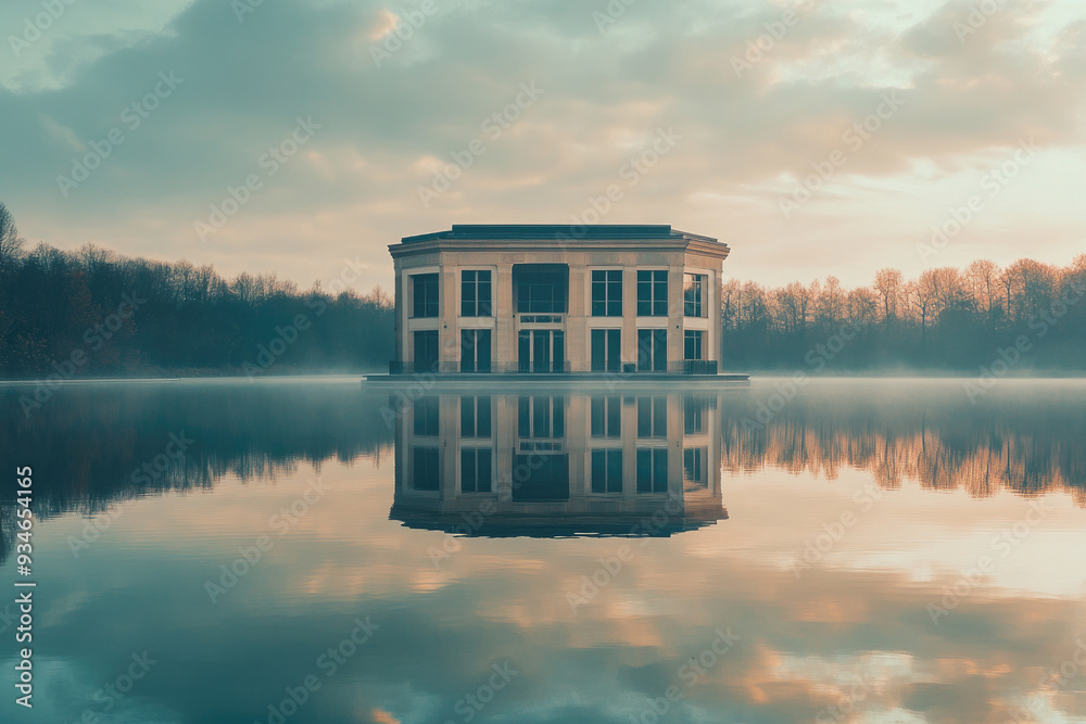 Reflection of a Geometric Building Facade in a Still Water Surface for ...