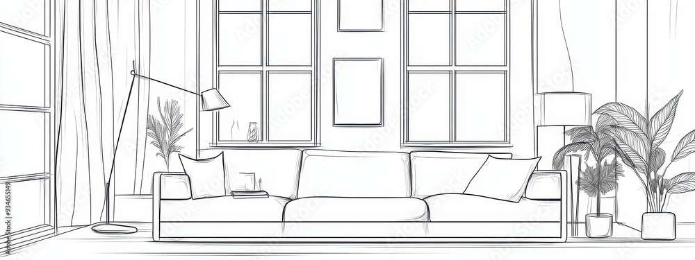 Line interior home art room design illustration outline sketch ...