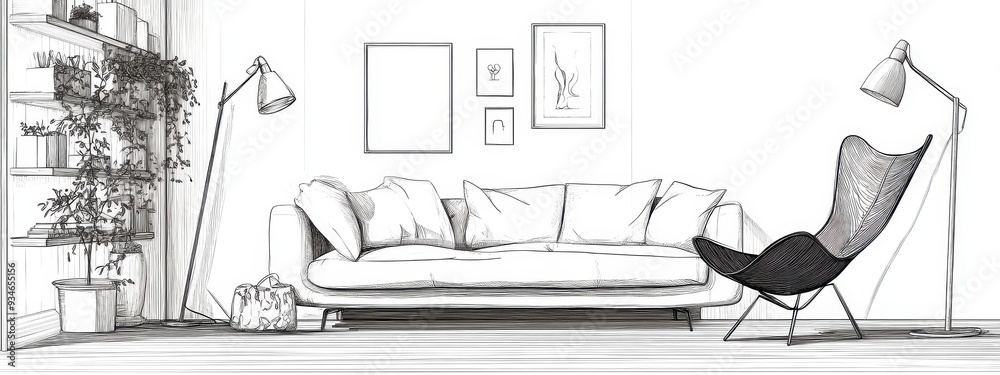 Line interior home art room design illustration outline sketch ...