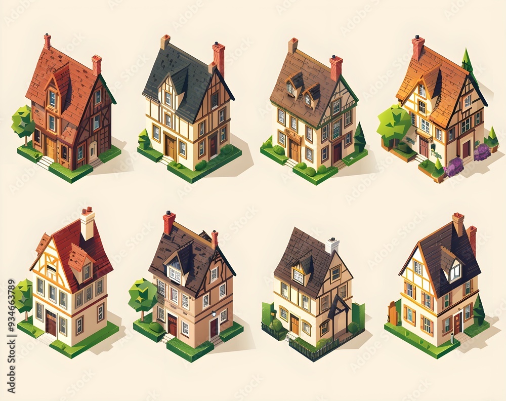set of isometric houses, simple vector illustration, 3D render, front ...