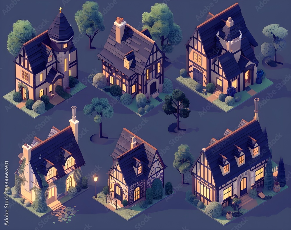 set of isometric houses, simple vector illustration, 3D render, front ...