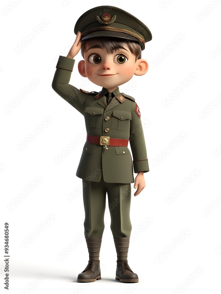 Full body 3D animated boy character in military uniform standing at the ...