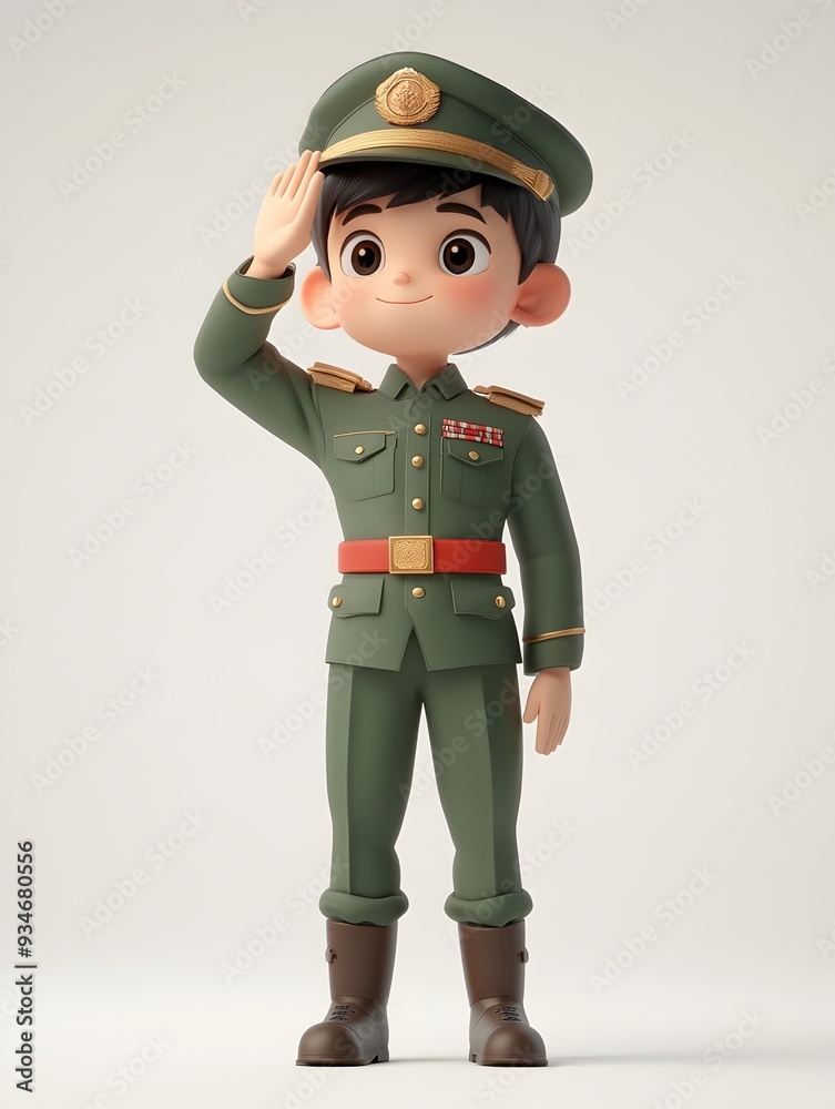 Full body 3D animated boy character in military uniform saluting with ...