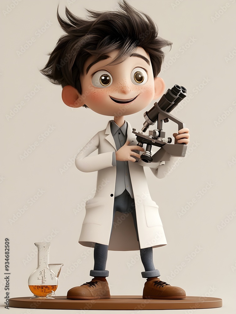A 3D animated character of a young boy wearing a scientist s lab coat ...