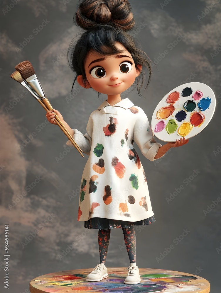 Animated 3D female character in smock holding a paintbrush and palette centered in a creative ...