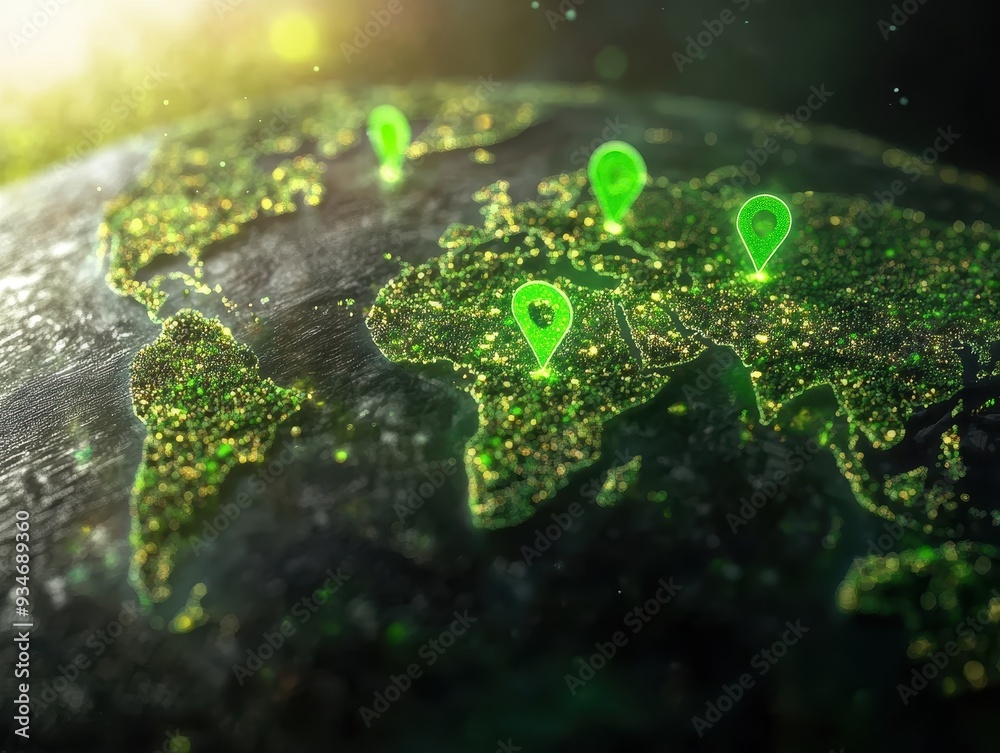 Global Network Connectivity Concept with Glowing Green Map Pins on ...