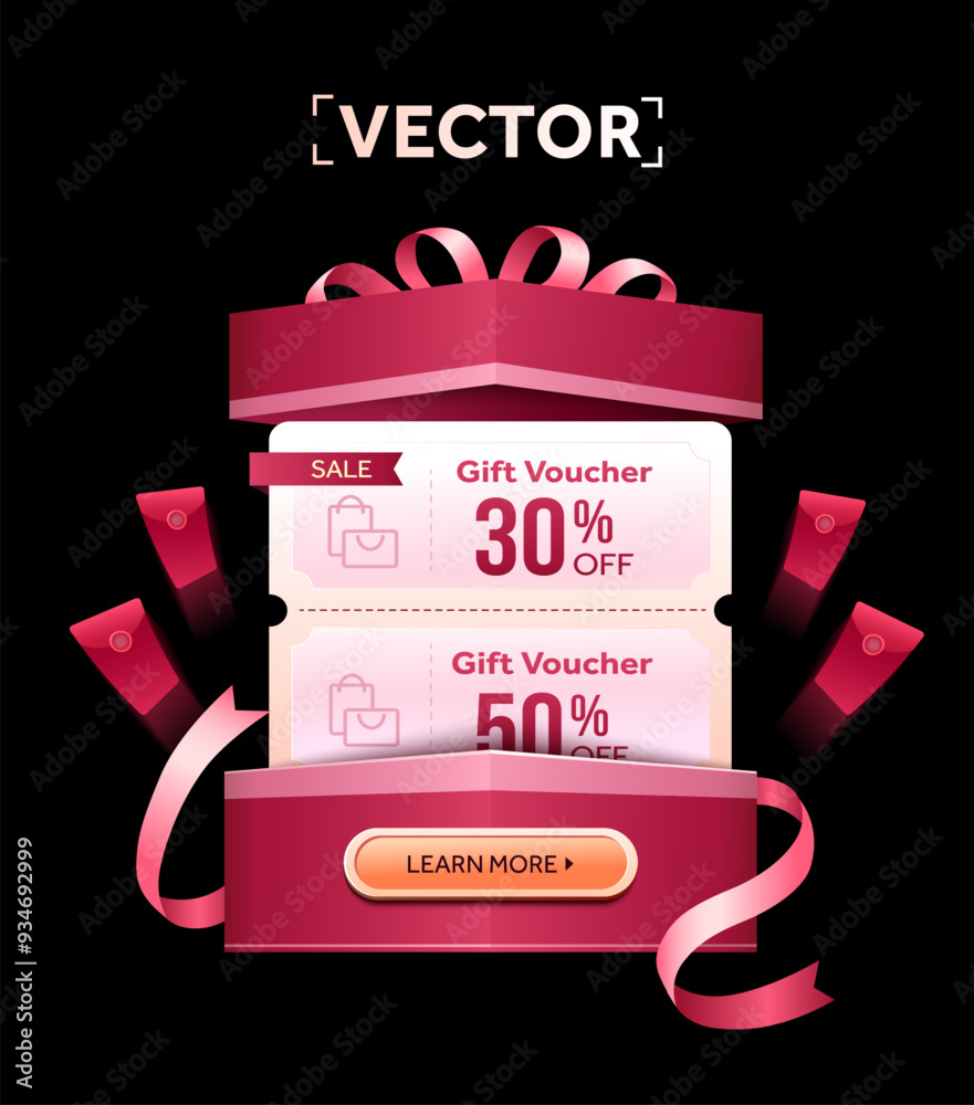3d stack of coupons, flying up in a opened pink gift box, isolated on ...