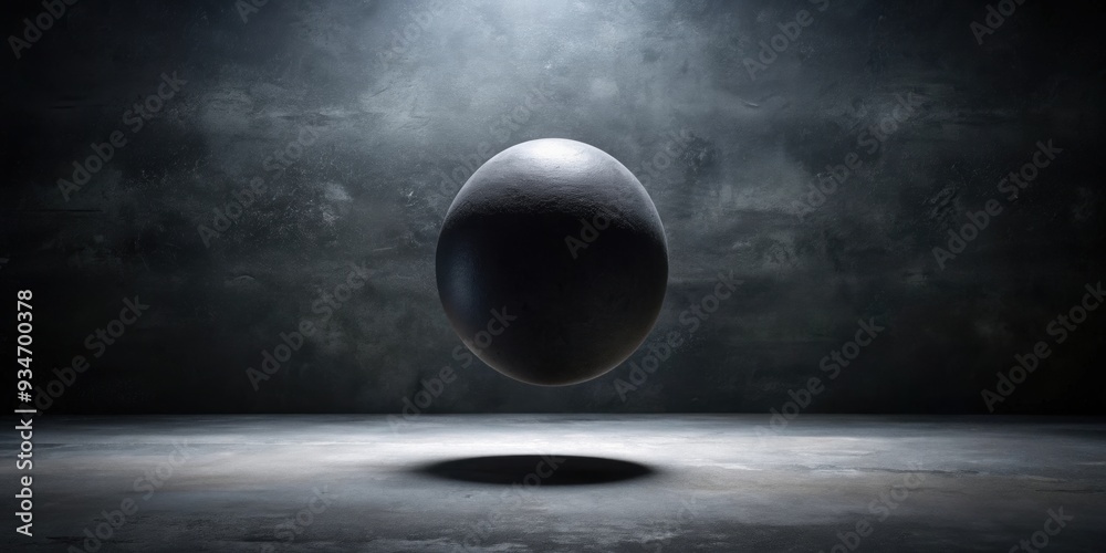 render of levitating black concrete sphere in a dark room, levitate ...