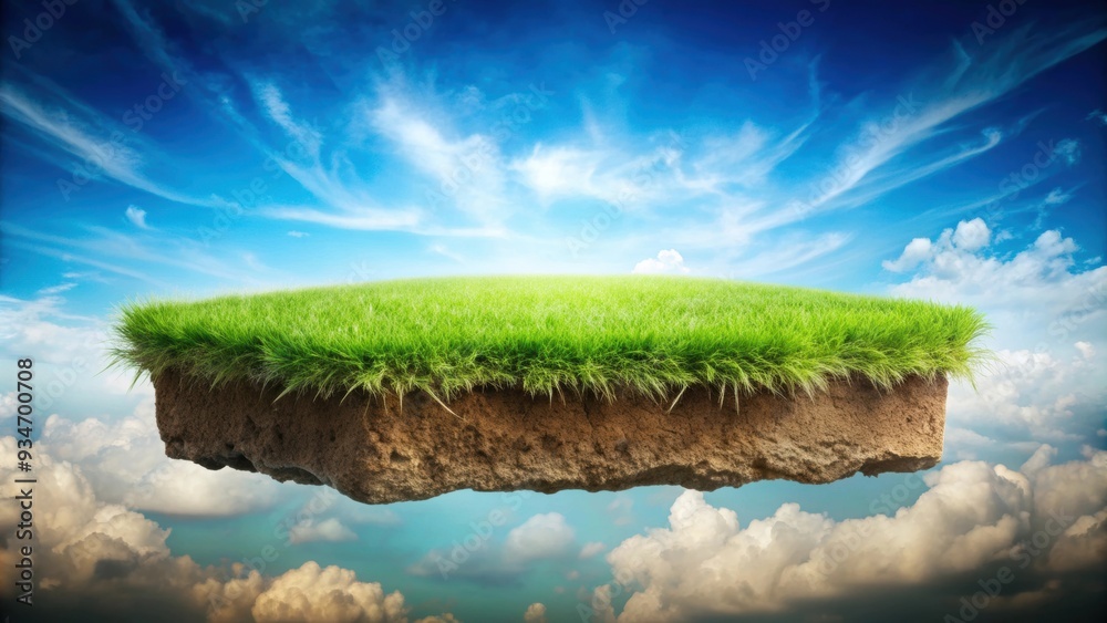 Floating slice of land with lush green grass surface and exposed soil ...