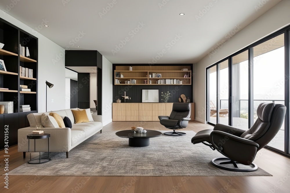 Trendy Diagonal View of a Modern Living Room with Open Space and ...