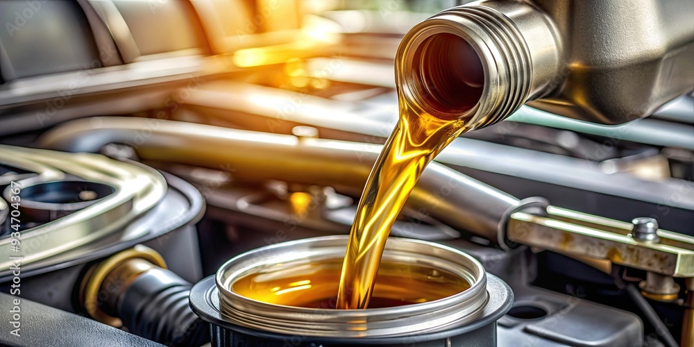 Synthetic lubricating oil being poured into oil reservoir for splash ...