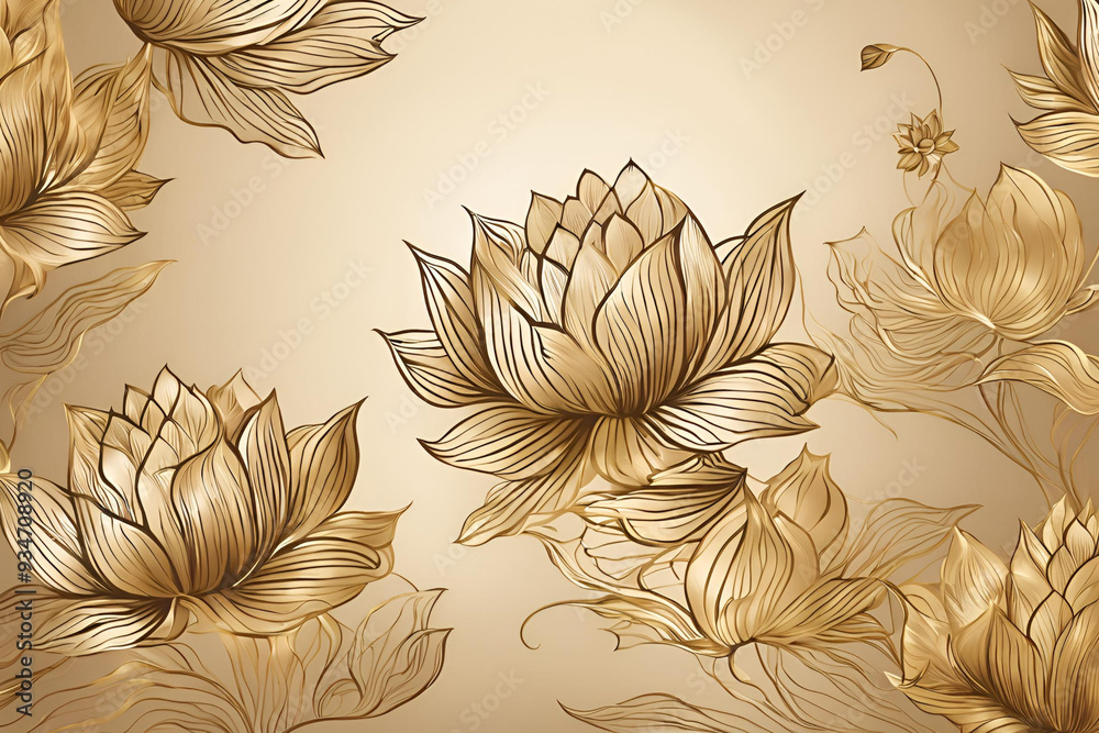 Luxurious background design with golden lotus. Lotus flowers line arts ...