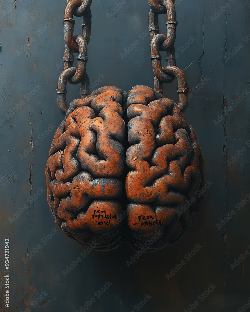 Brain Chains conceptual image of brain encased heavy rusted chain representing feeling of being ...