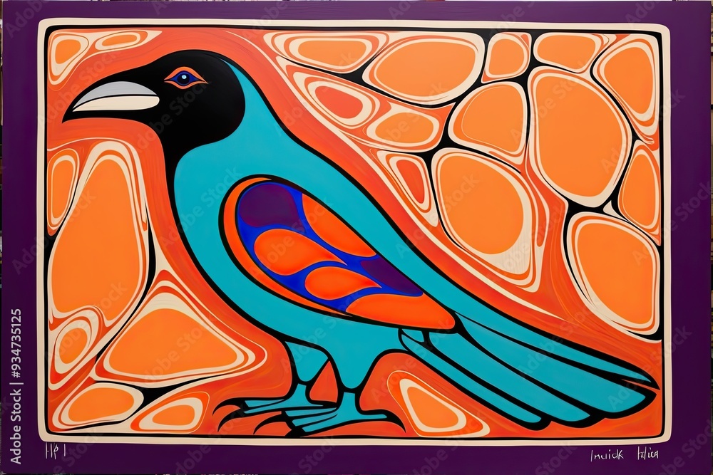 Vibrant Inuit Haida Folk Art Featuring Mythical Raven in Aqua Orange ...