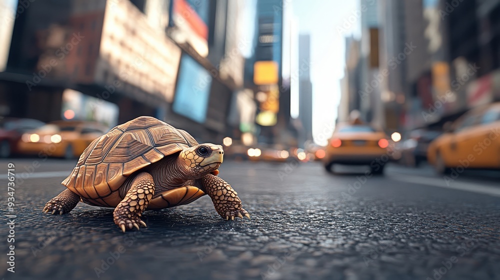 Whimsical scene of a turtle wandering through a bustling city street ...