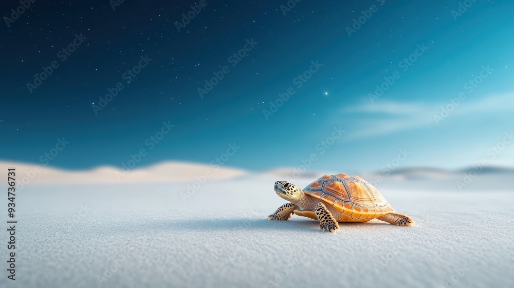 Turtle moving across a moonlit desert, its shell illuminated by ...