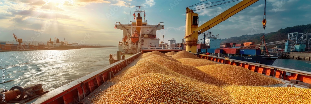 Foto de Dry cargo ship at the harbor loading corn for global grain ...