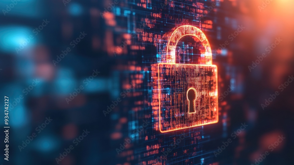 Digital Security Symbol, a glowing padlock amidst a backdrop of binary and data streams ...