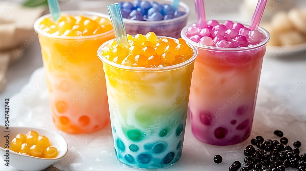 Colorful boba tea with tapioca pearls and straws, offering a sweet and ...