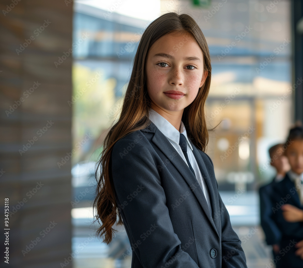 Young Girl in professional attire standing in an office, looking ...