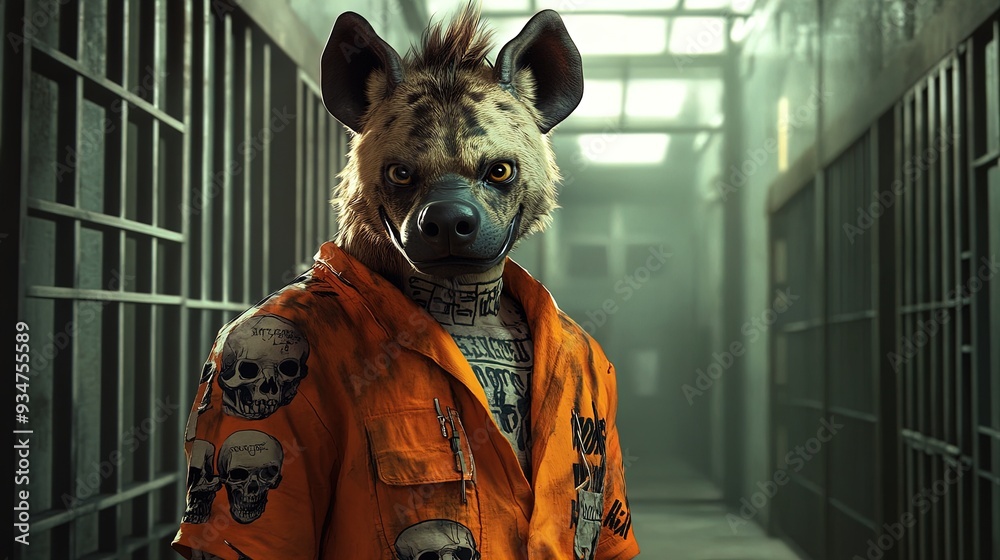 Bold Anthromorphic Hyena in Orange Prison Costume: A Gritty Poster for ...