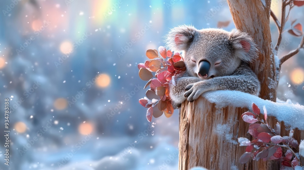 Serene koala clinging to a eucalyptus tree on a snowy landscape, with ...