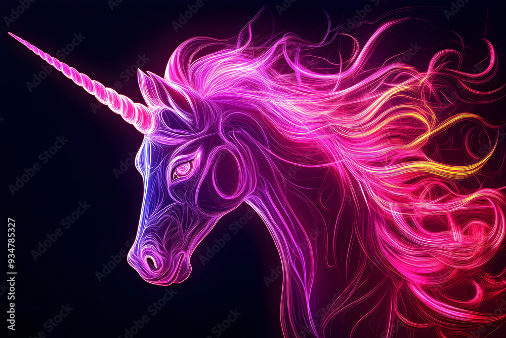 Neon pink and purple unicorn with rainbow mane and tail isolated on ...