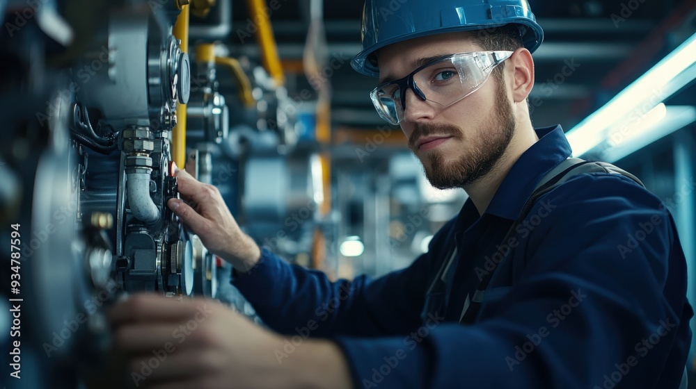Ship engineer working in the engine room of a large vessel, adjusting ...