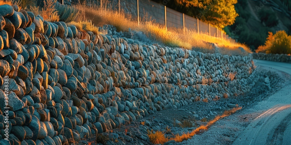 Gabion retaining walls along the highway underpass embankment with ...