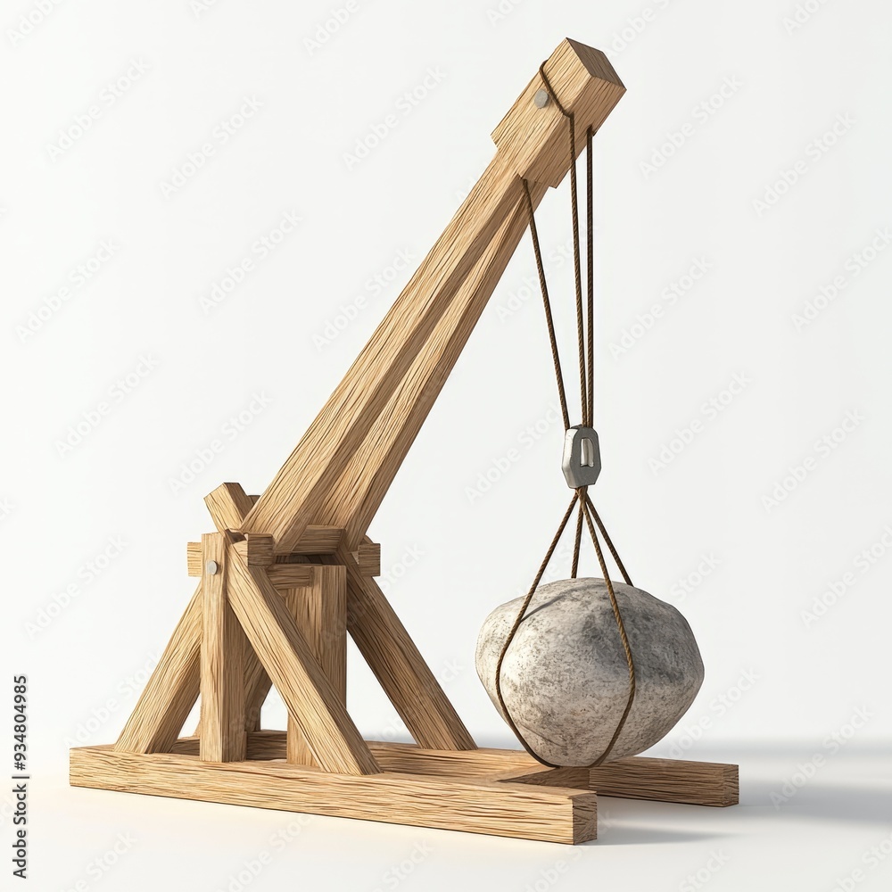 3D Render of a small portable catapult with a stone loaded in the sling ...