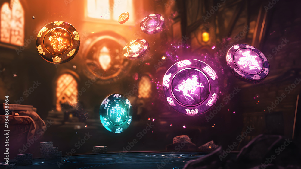 Poker chips imbued with magical elements, floating slightly above a ...