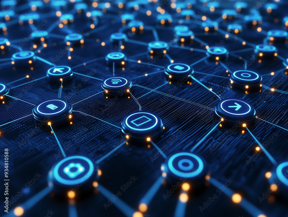 3d Social networking blue chrome nodes background, interconnected by ...