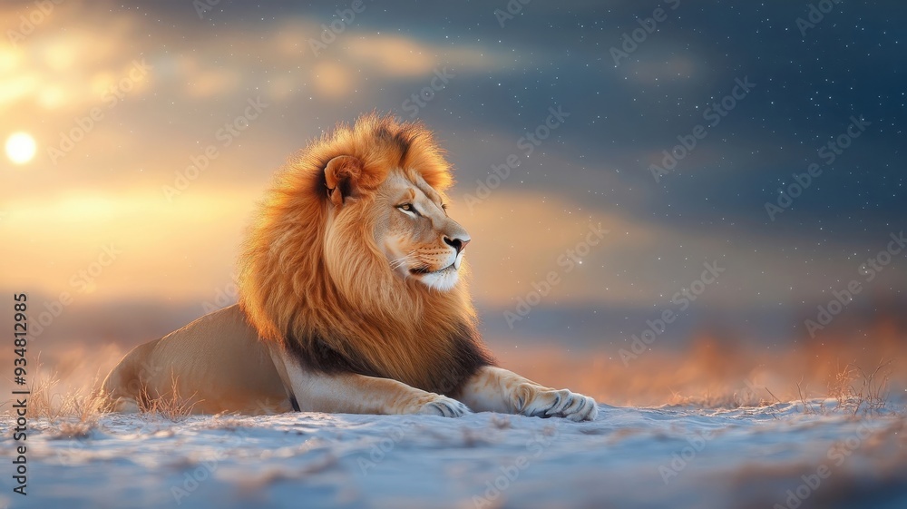 Majestic lion resting under a starry night sky in the desert, with ...