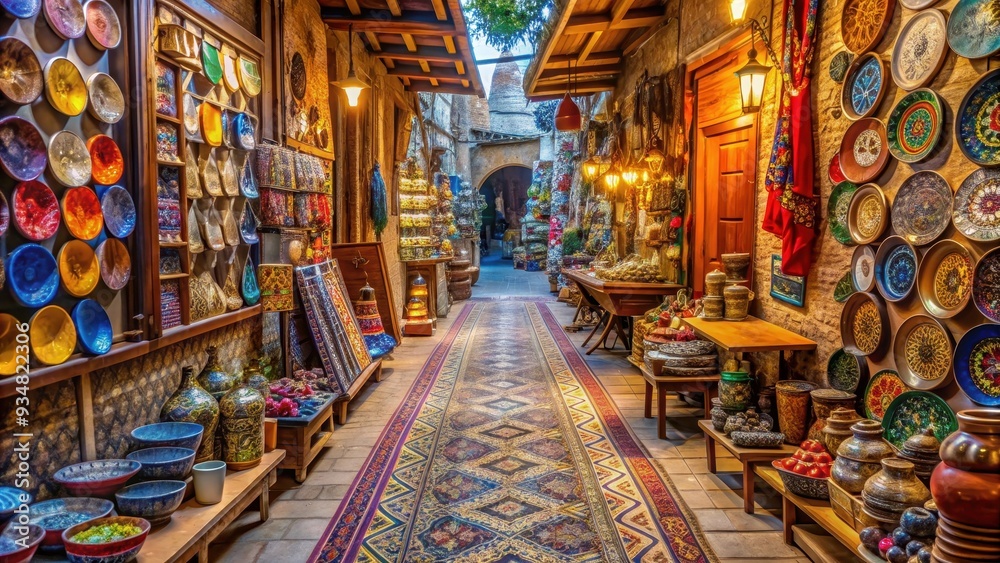 Narrow street in traditional Arabian bazaar market with shops selling ...