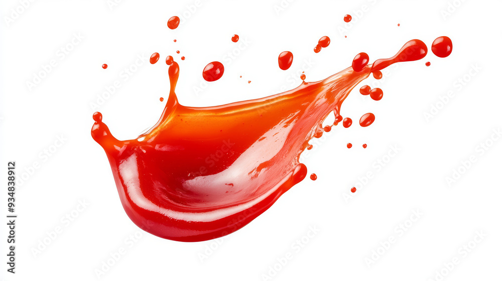 Red tomato ketchup splash flying through the air, isolated on a white background. Floating ...