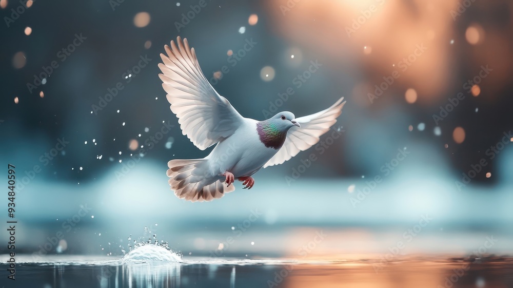 Pigeon flying over a tranquil lake under the Northern Lights, with the ...