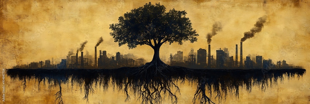 Vector art of a tree with roots shaped like factory smokestacks ...
