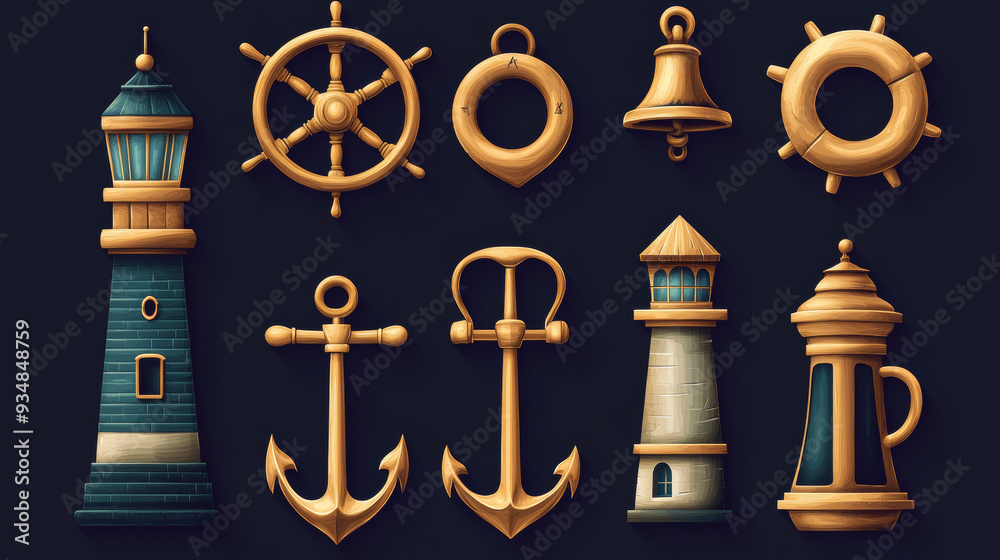 Collection of nautical or maritime icons featuring an anchor, ship's ...