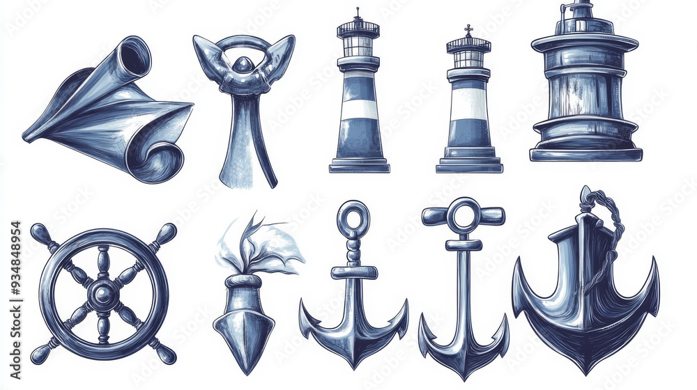 Collection of nautical or maritime icons featuring an anchor, ship's ...