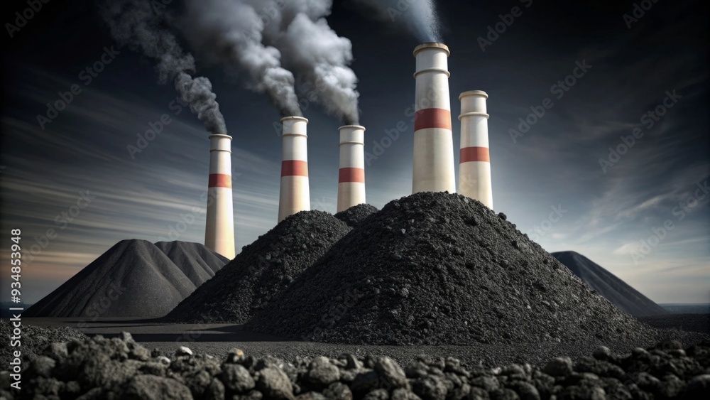 Coal pile and industrial chimneys on natural black coal backdrop ...