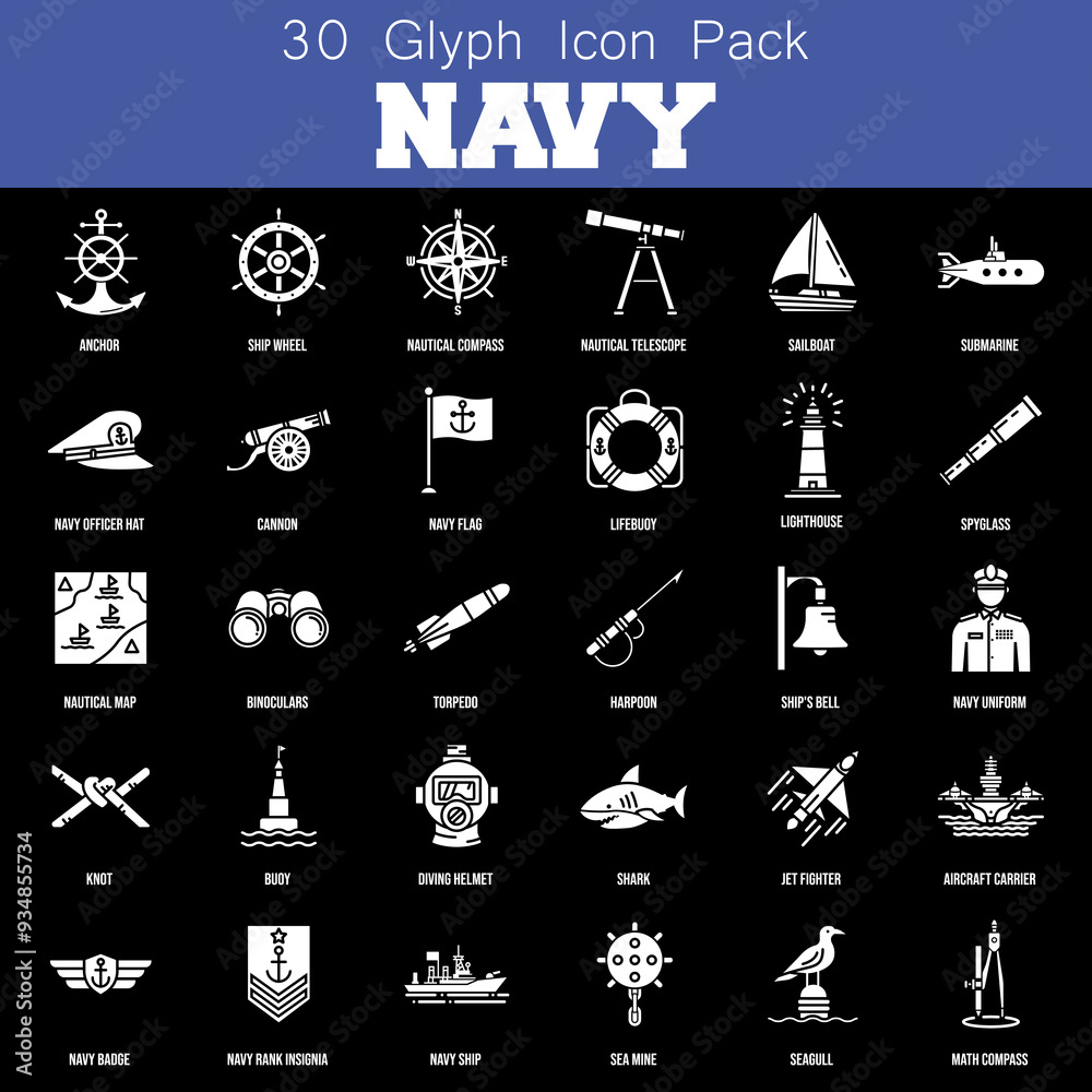 Bold, solid Navy icons featuring key naval symbols, emphasizing ...